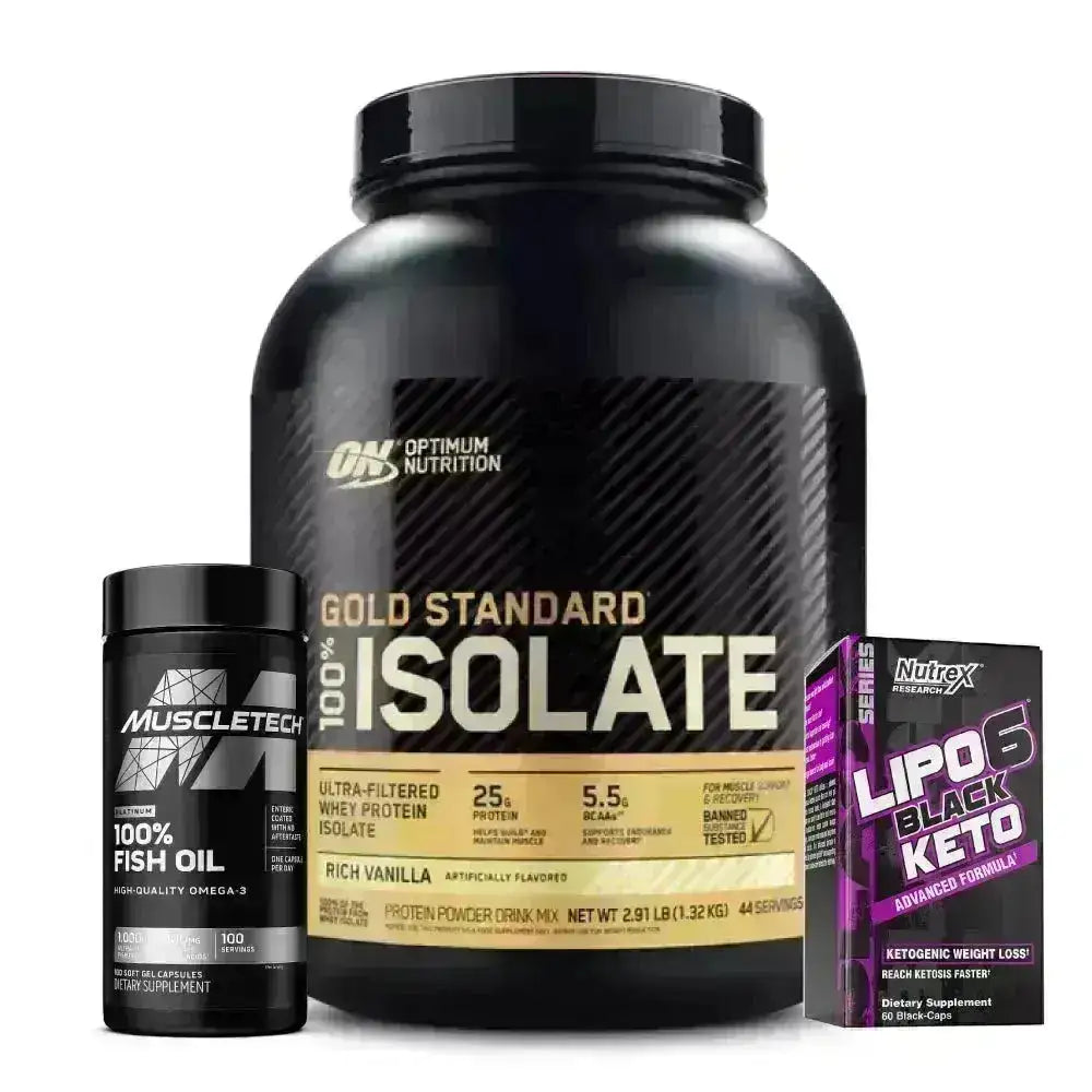 Gold Standard 100% Isolate 5 lb + Lipo 6 Keto 60 caps + Omega 3 100 ca ...